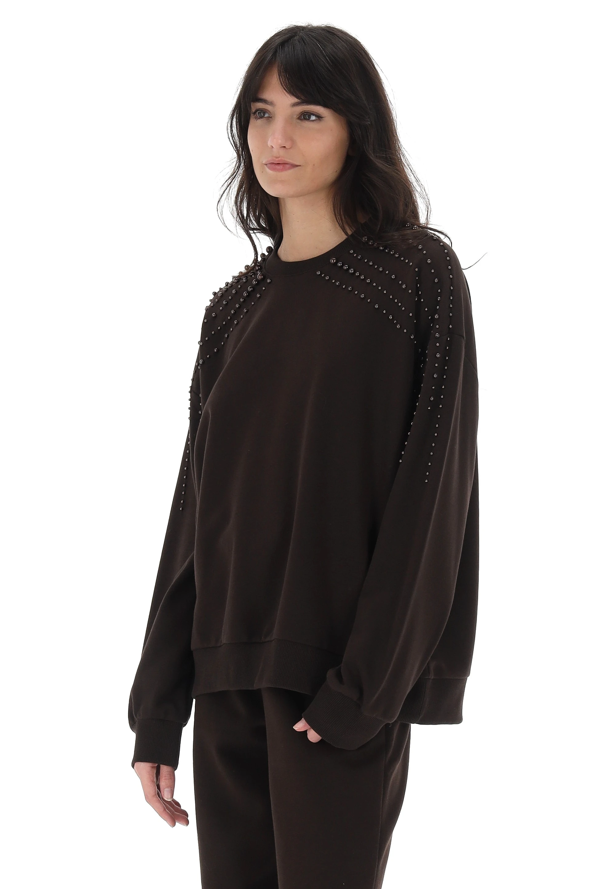 Felpa girocollo garzata con perline tono su tono Joggy donna - Nico.it